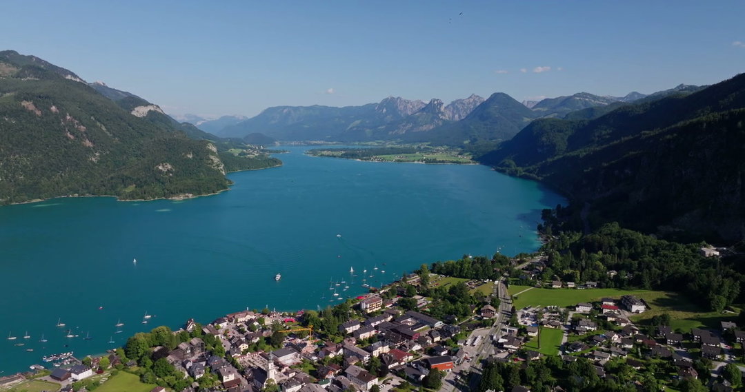 Lake Wolfgang and Alpine Village Aerial View • Stock Video on Uppbeat